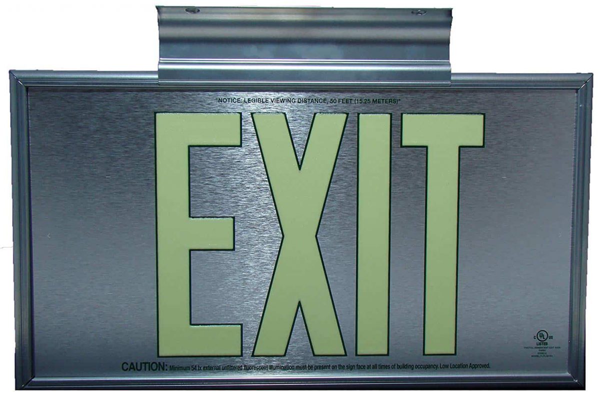 EXIT Sign. Brushed Aluminum. Green Lettering, 50 Feet, Double Sided ...
