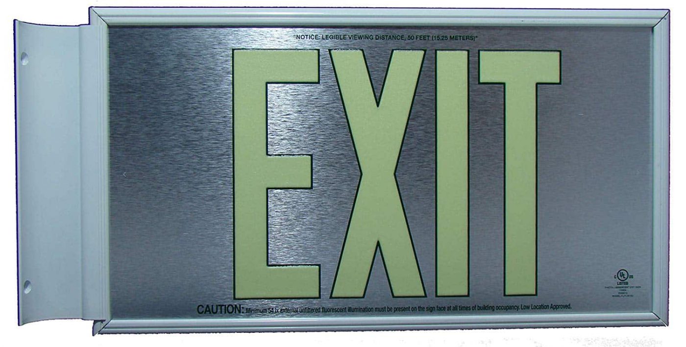 EXIT Sign. Brushed Aluminum. Green Lettering, 50 Feet, Double Sided ...