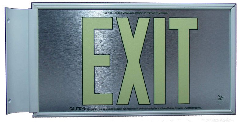 EXIT Sign. Brushed Aluminum. Green Lettering, 50 Feet, Double Sided ...