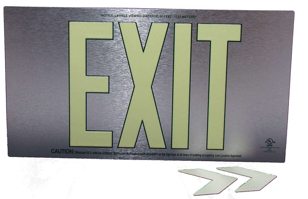 EXIT Sign. Brushed Aluminum. Green Lettering, 50 Feet, Single Sided ...