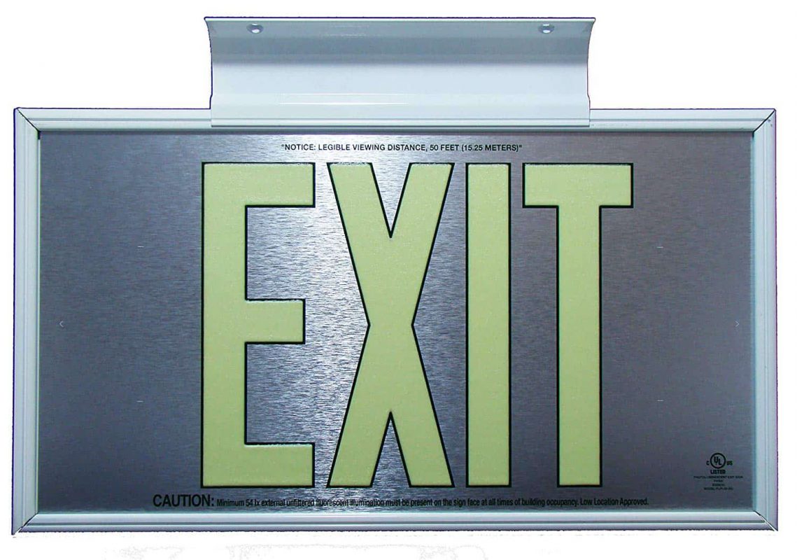 EXIT Sign. Brushed Aluminum. Green Lettering, 50 Feet, Single Sided ...