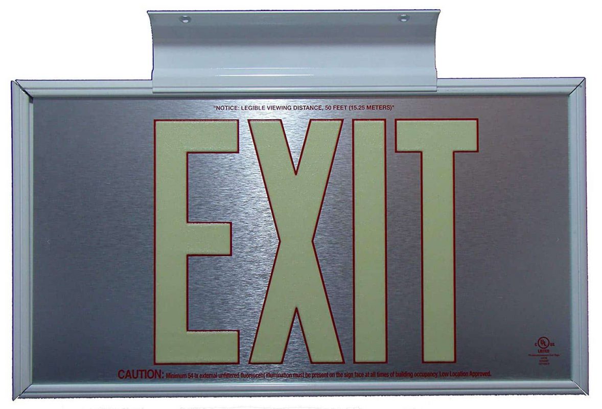 EXIT Sign. Brushed Aluminum. Red Lettering, 50 Feet, Single Sided with ...